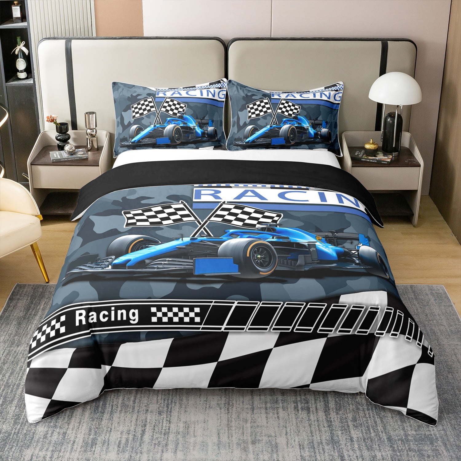 2 Pieces Sports Race Car Cotton Duvet Cover Sets,Blue Race Car Racing ...