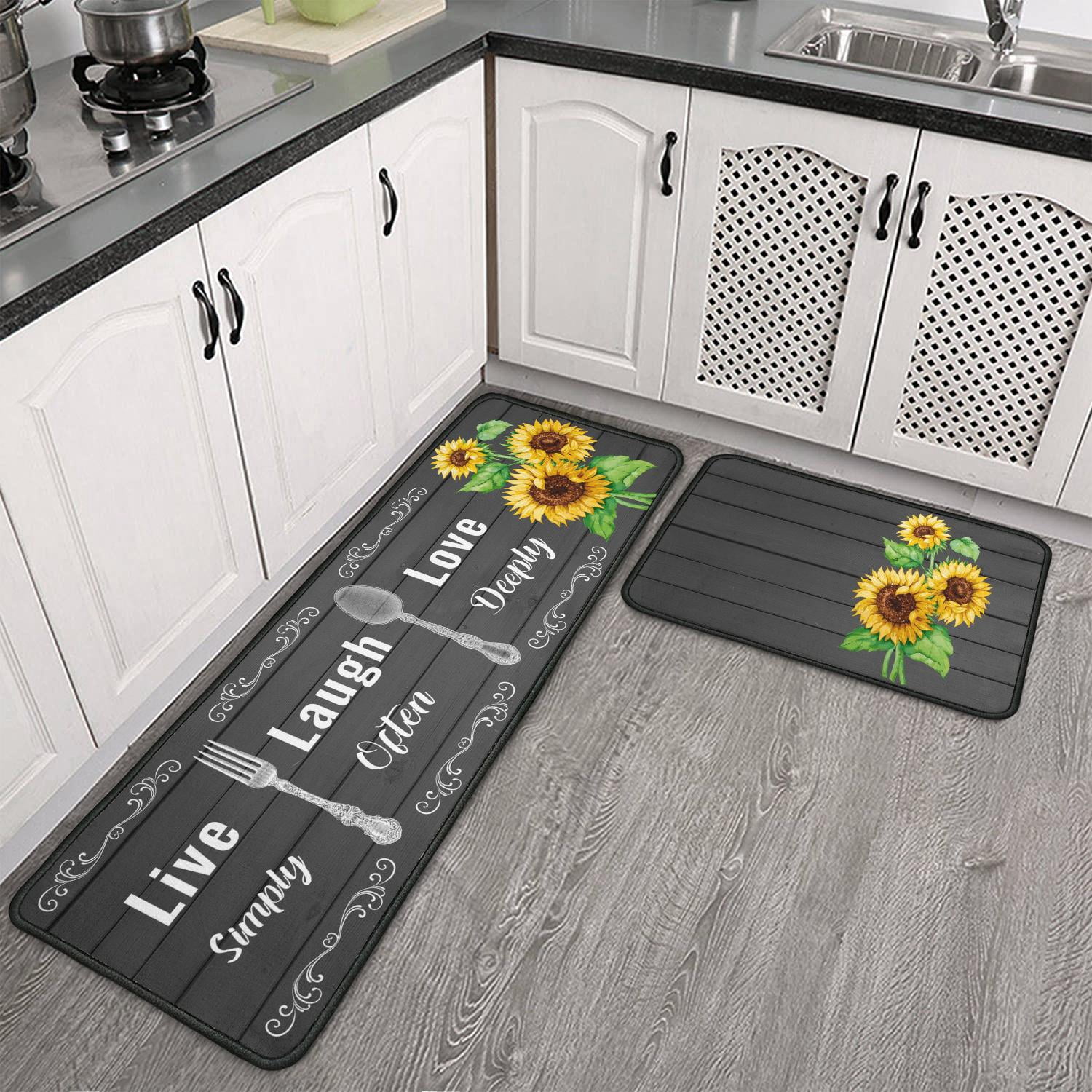 2 Pieces Sunflower Kitchen Rugs and Mats Sunflower on the Wooden ...