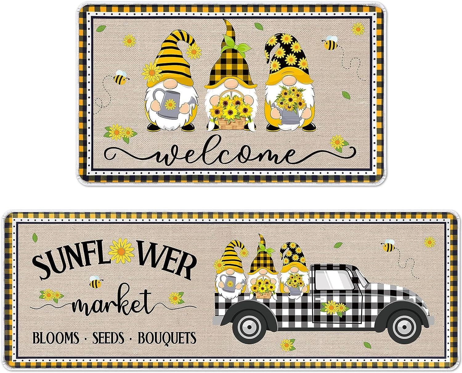 2 Pieces Sunflower Themed Kitchen Rugs Summer Gnomes Rug Plaid Car Mats ...