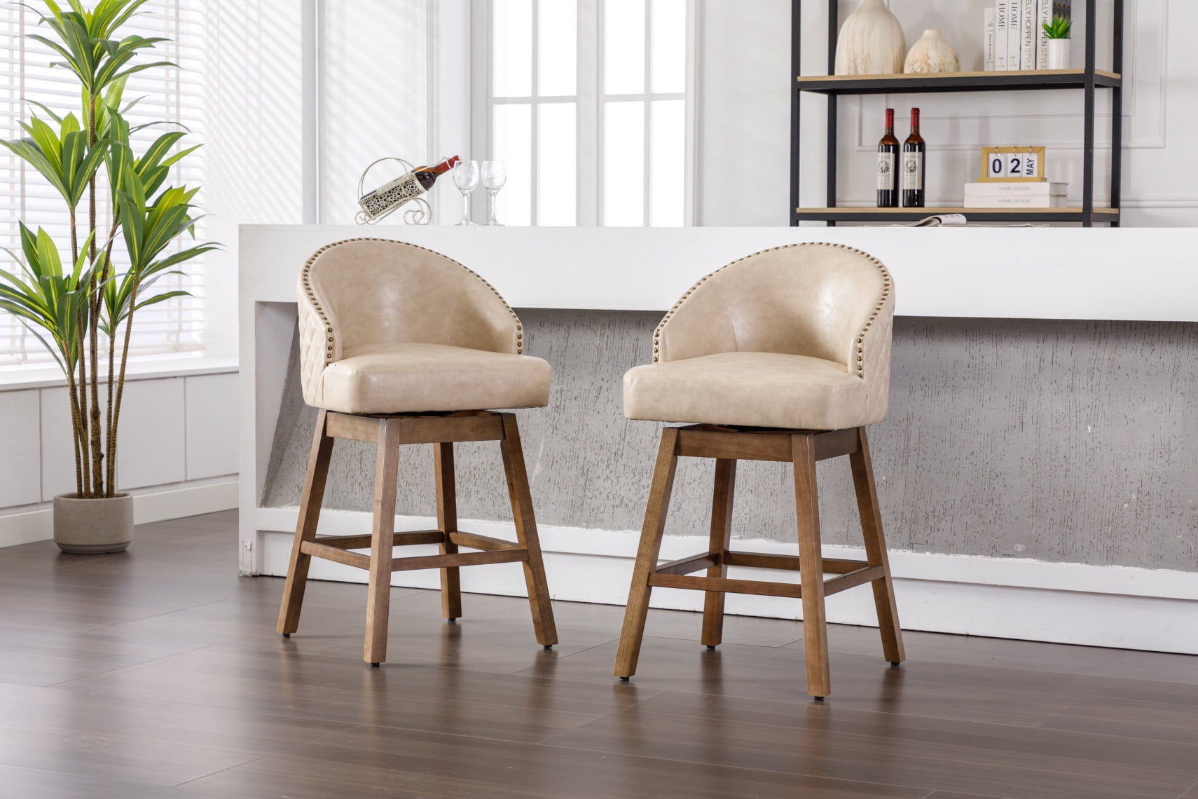2 Pieces Swivel Bar Stool, Counter Height Upholstered Bar Stools Set of ...