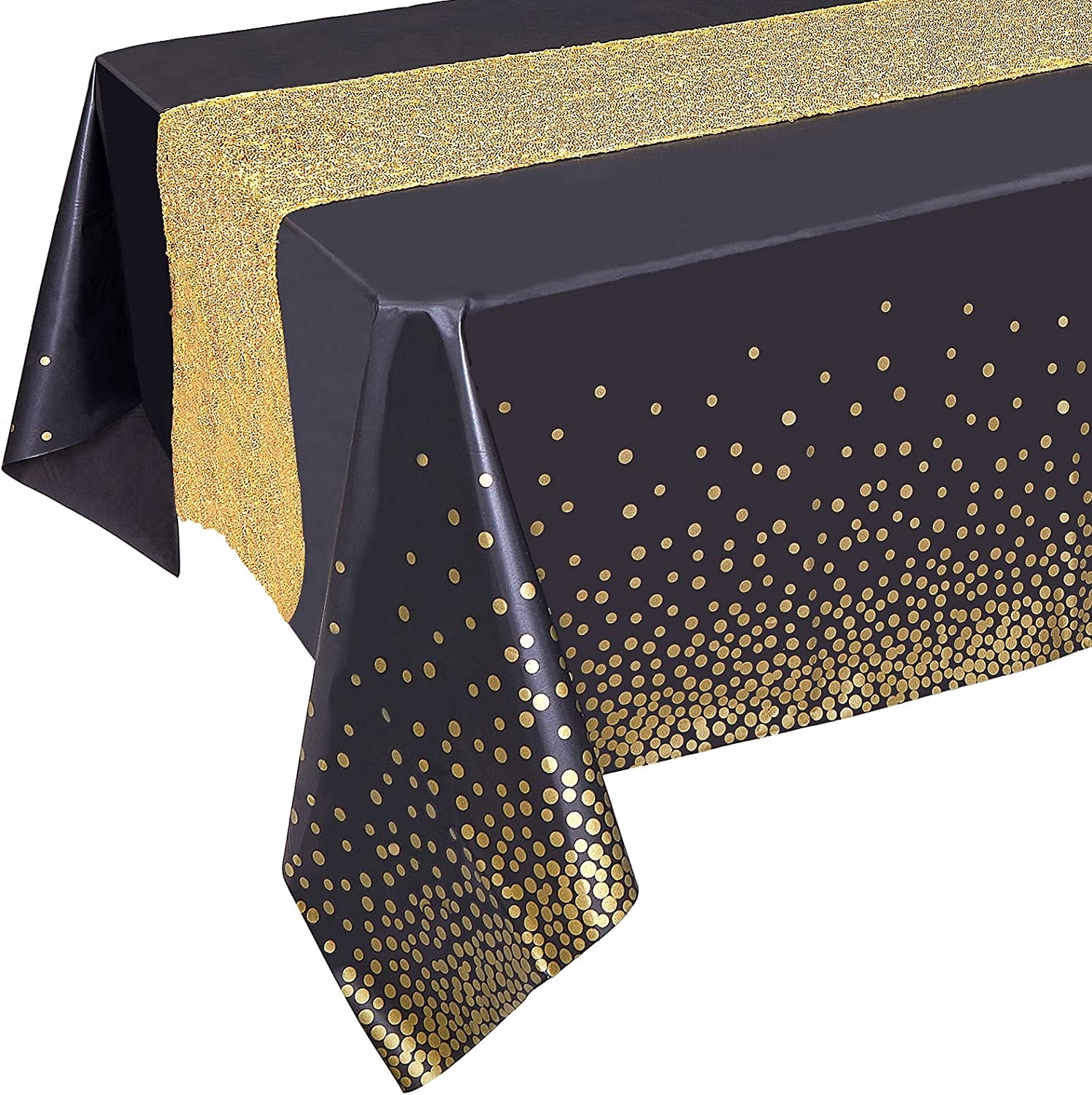 2 Pieces Tablecloth Sequin Table Runner Set, Black and Gold Party ...