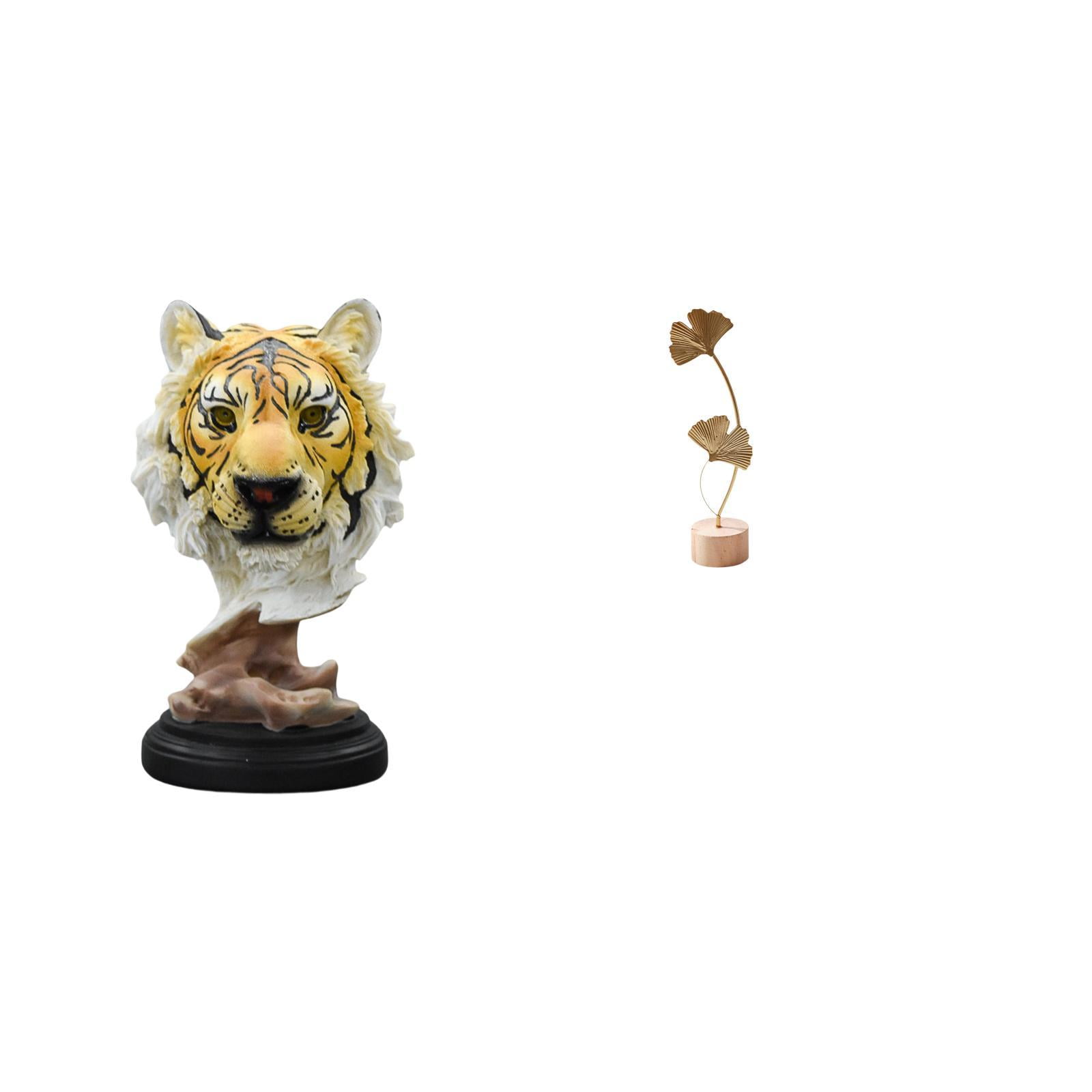 2 Pieces Tabletop Tiger Head Leaf Sculpture Modern Statue Iron Resin ...