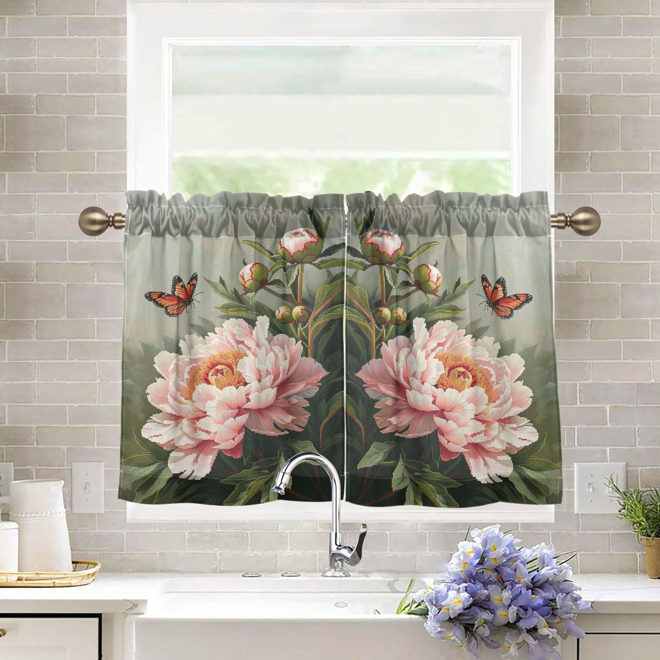 2 Pieces Tier Curtain for Kitchen and Bathroom- 27x36inch Large Floral ...