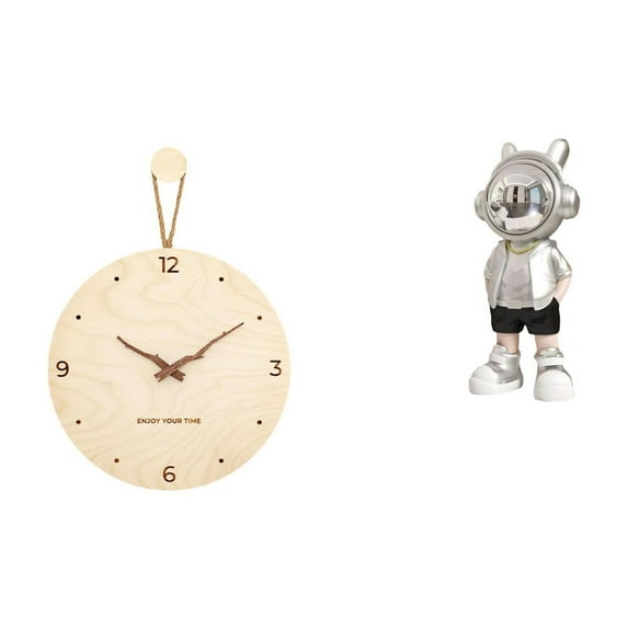 2 Pieces Wall Clock Astronaut Statue Decorative Figurine Wood Material ...