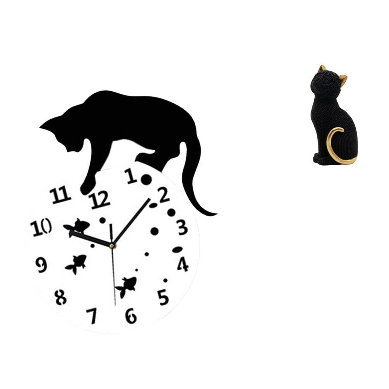2 Pieces Wall Clock Cat Statue Resin Silent Non Ticking Feature for ...