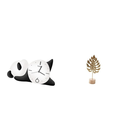 2 Pieces Wall Clock Panda Leaf Sculpture Creative Iron Glass Material ...