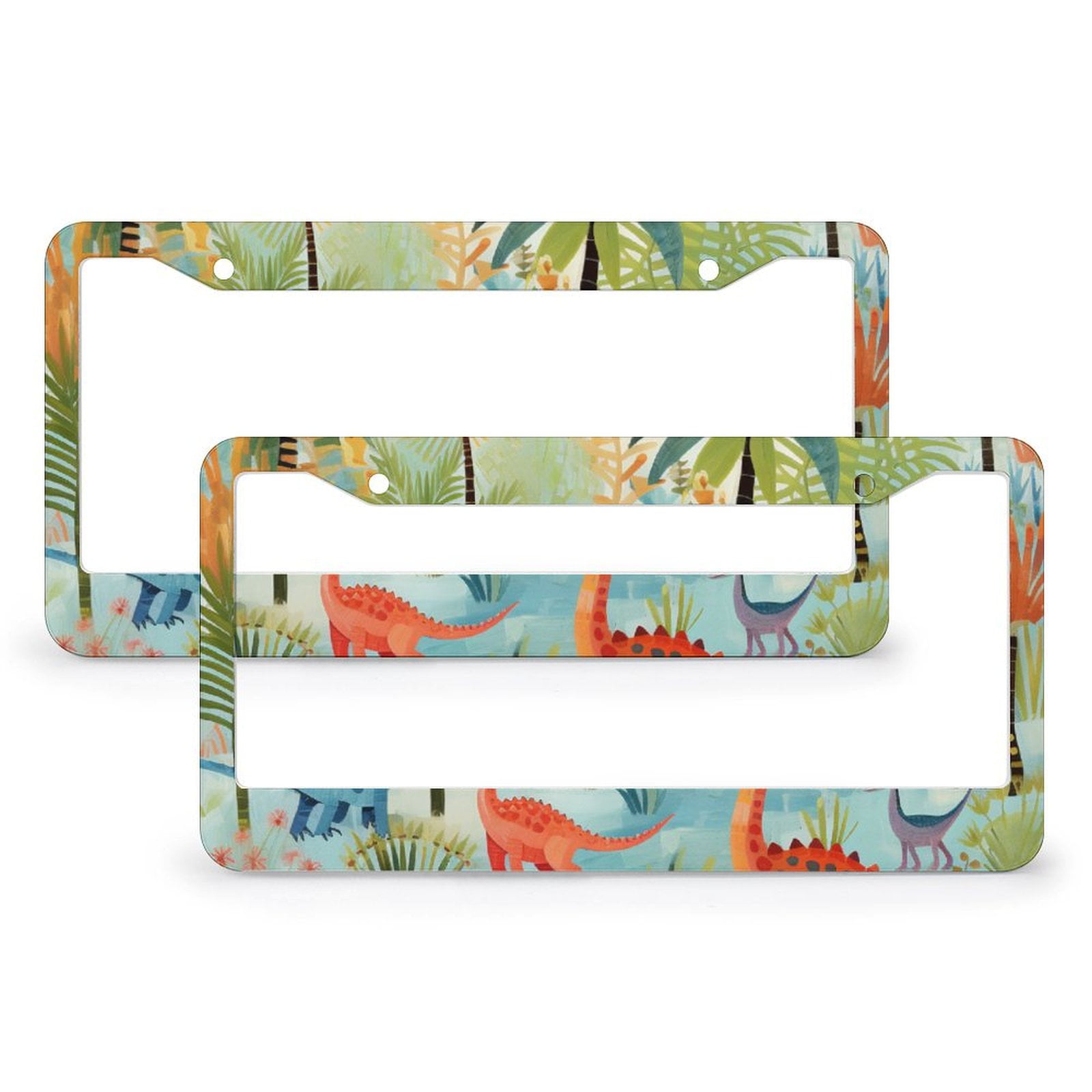 2 Pieces Watercolor Painting Of A Group Of Dinosaurs License Plate ...