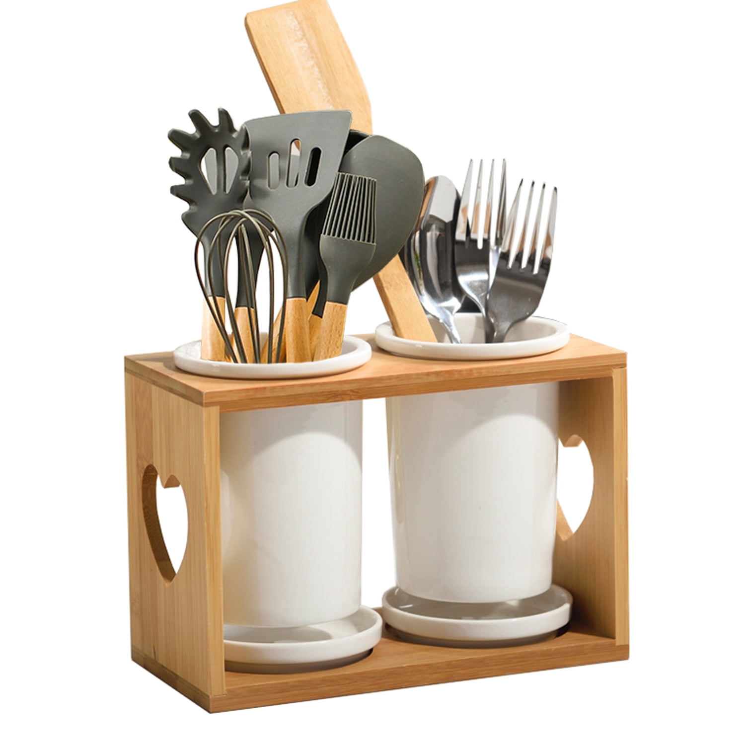 2-Pieces White Porcelain Utensil Holder with Bamboo Rack for Countertop ...