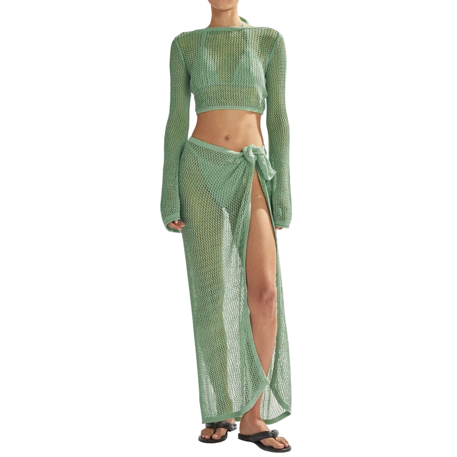 2 Pieces Women Swimsuit Covers Ups Long Sleeve Crop Tops and Long Skirt ...