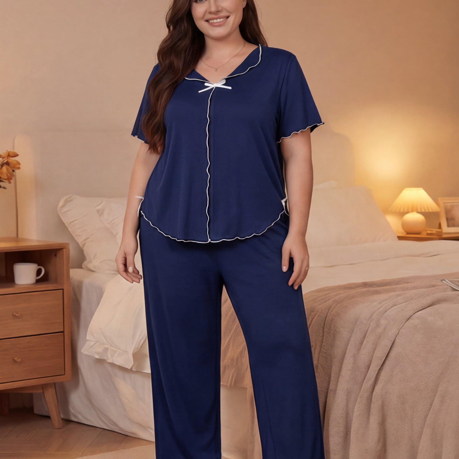 2 Pieces Women's Plus Size Short Sleeve Pajama Sets, Lightweight Solid ...