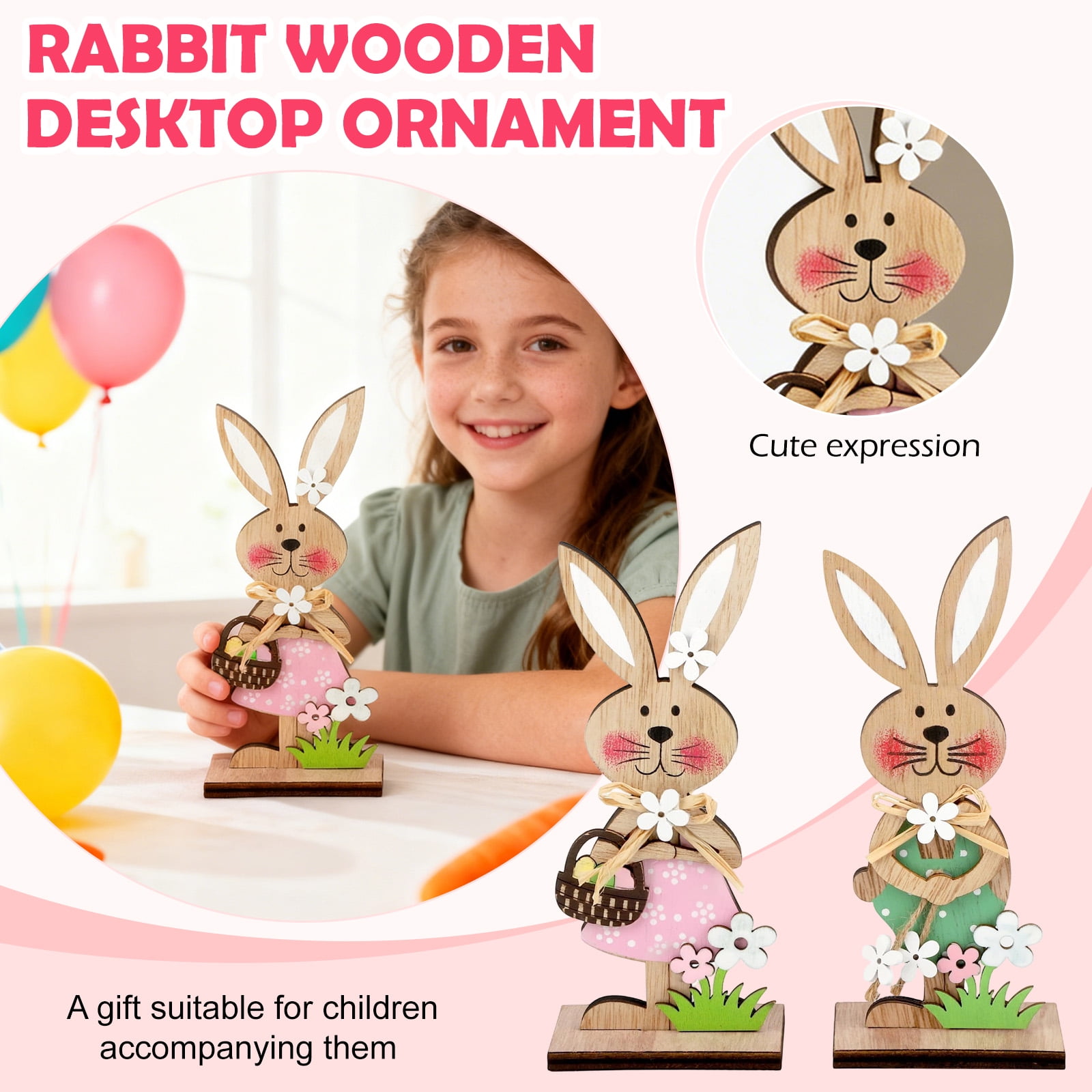 2 Pieces Wood Rabbit Decorations Sign Easter Stand Up Bunny Tiered Tray ...