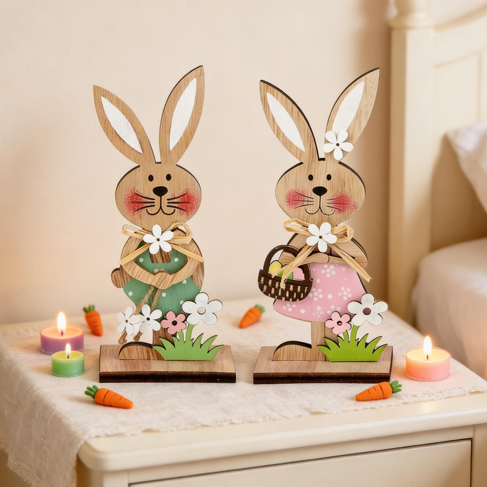 2 Pieces Wood Rabbit Decorations Sign, Easter Stand Up Bunny Tiered ...