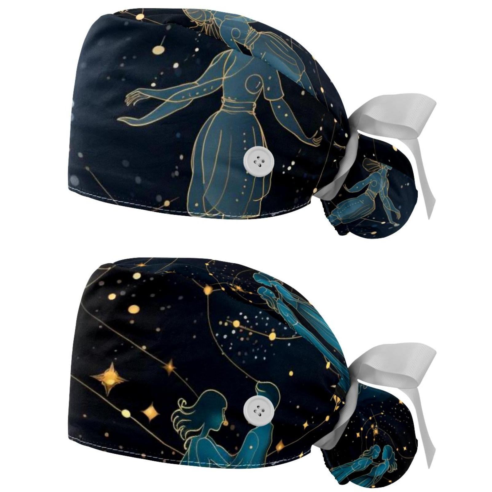 2 Pieces Working Cap Bouffant Cap with Button Ponytail Pouch Scrub Surgical Hat for Women with ...