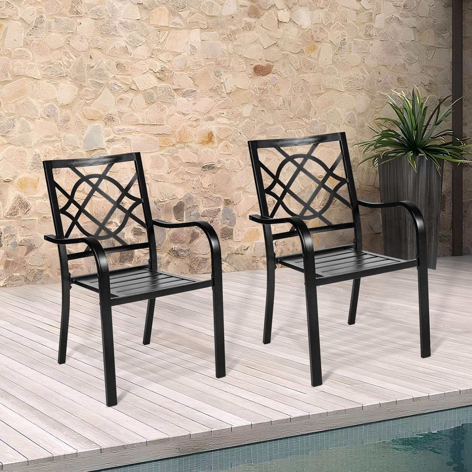2 Pieces Wrought Iron Black Chairs 300 Lbs Outdoor Dining Chairs, Patio ...