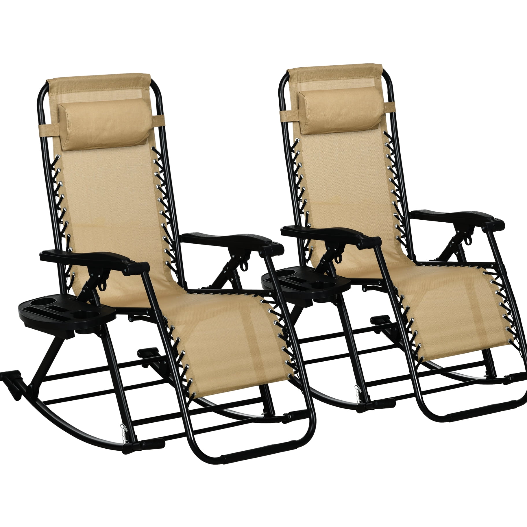 2 Pieces Zero Gravity Rocking Chairs, Outdoor Lounge With Pillow, Cup & Phone Holder, Foldable ...