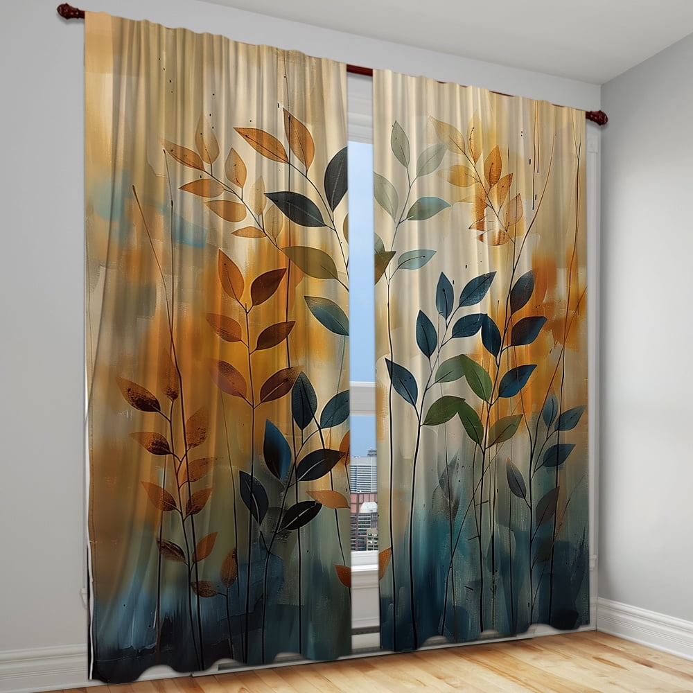 2 Pieces of Contemporary ic Curtains with Hand Painted Leaf Patterns ...