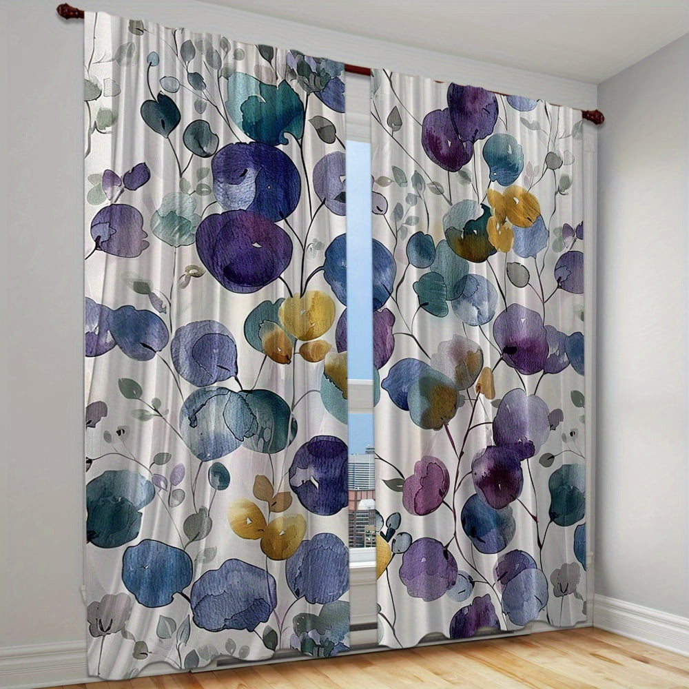 2 Pieces of Contemporary ic Curtains with Hand Painted Leaf Patterns ...