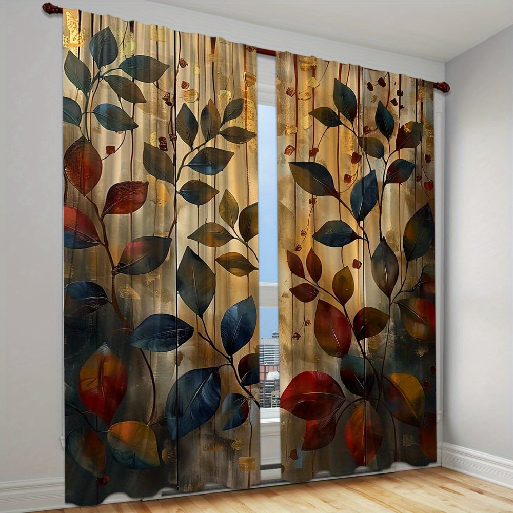2 Pieces of Contemporary ic Curtains with Hand Painted Leaf Patterns ...
