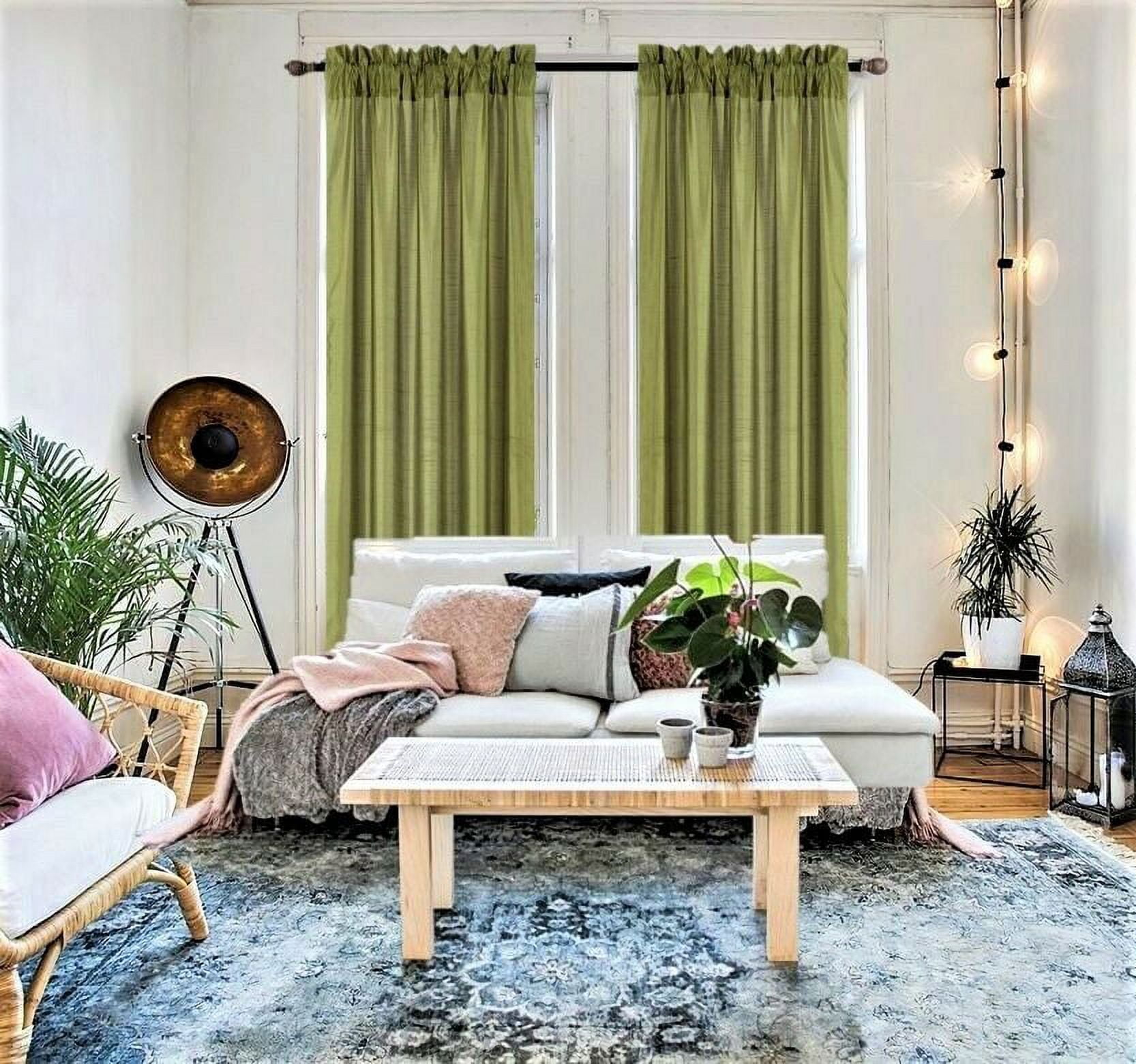 2 Pieces semi sheer lime green color faux silk see thru curtain ...
