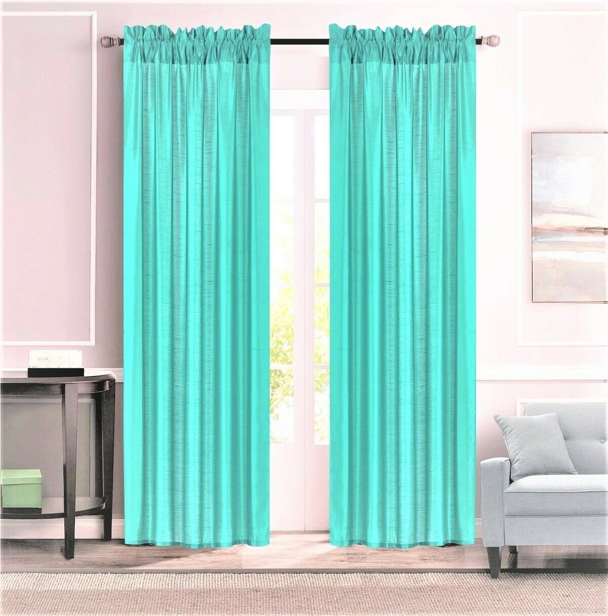 2 Pieces semi sheer mint color faux silk see thru curtain textured ...