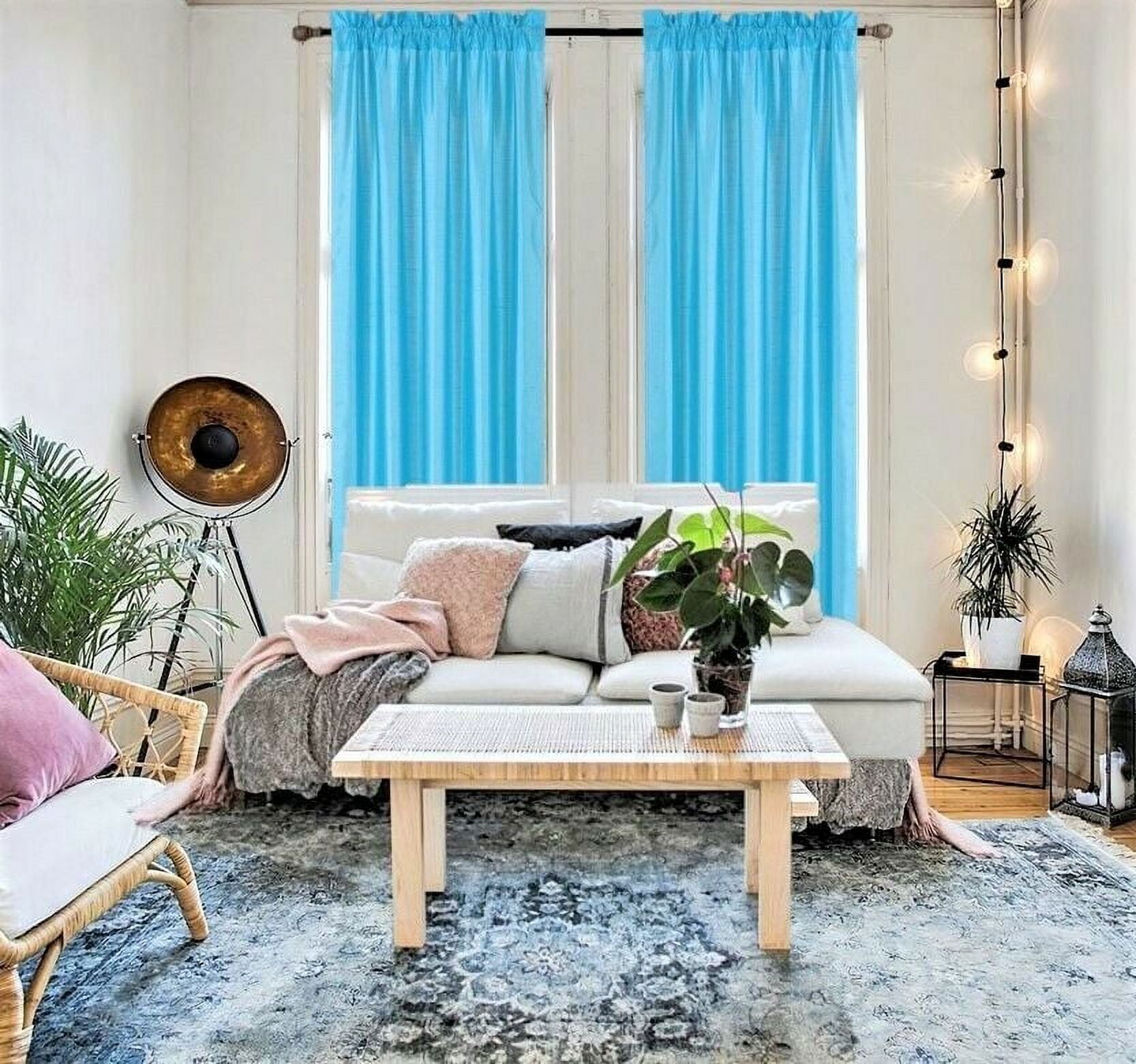 2 Pieces semi sheer turquoise color faux silk see thru curtain textured ...
