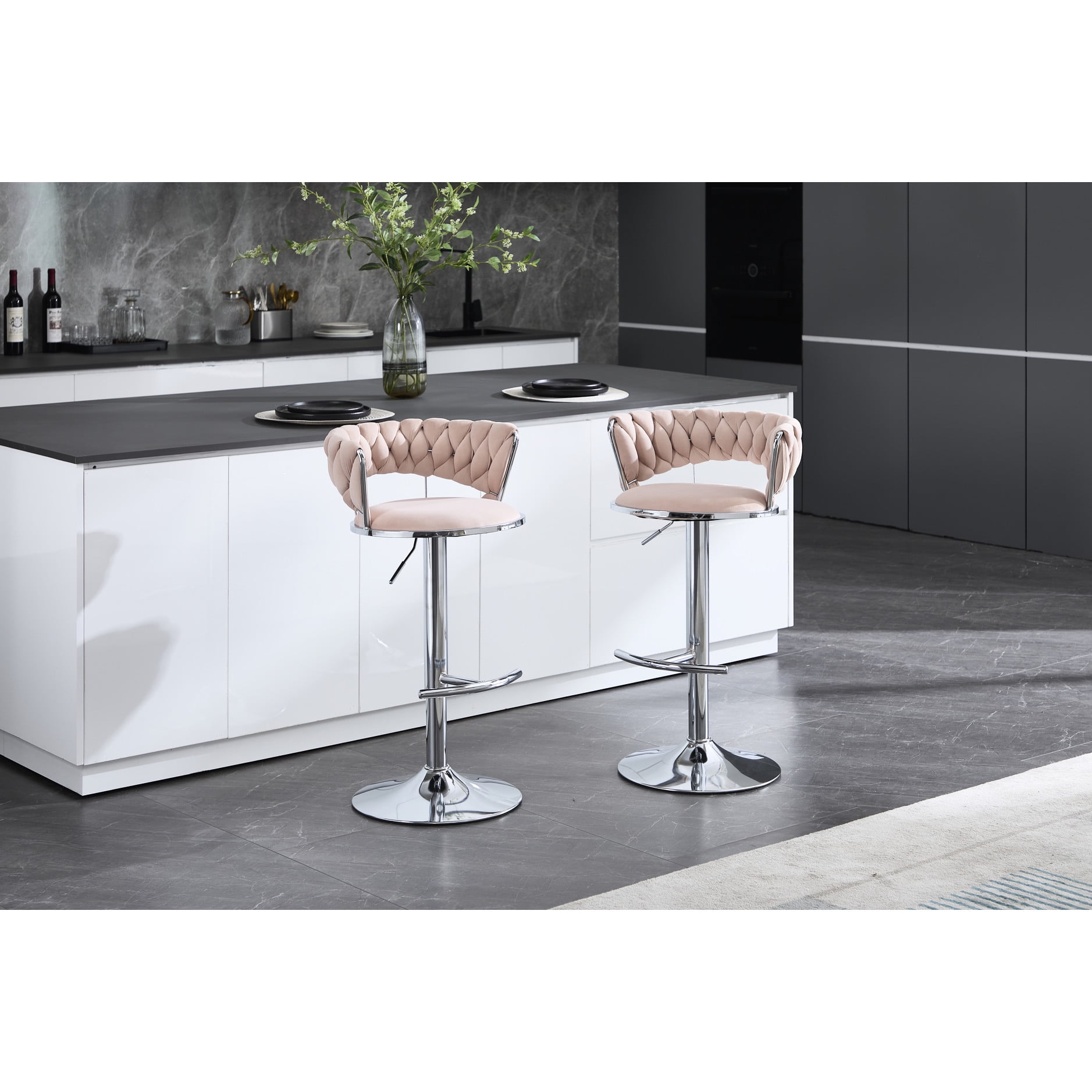 2 Pink Bar Stools, Height Adjustable Feature, Footrest & Base, Velvet ...