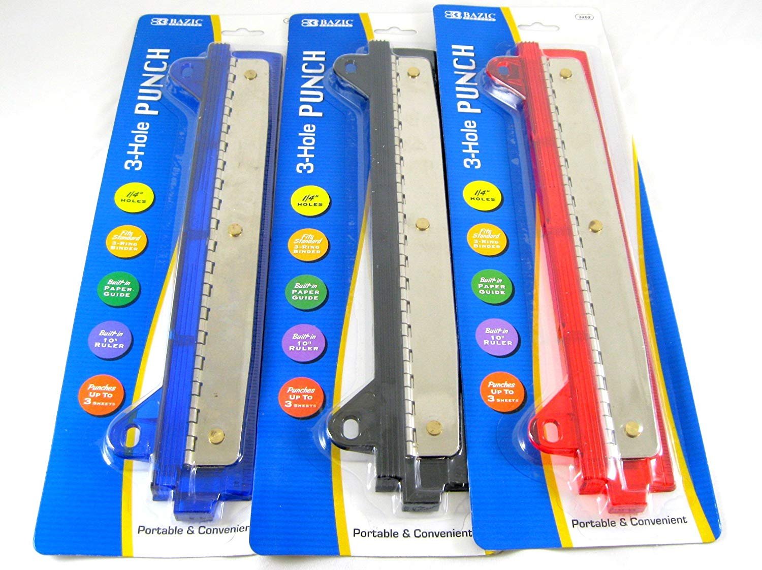 2 Pk, Portable 3- Hole Punch, Colors may vary (Blue,Black,Red ...