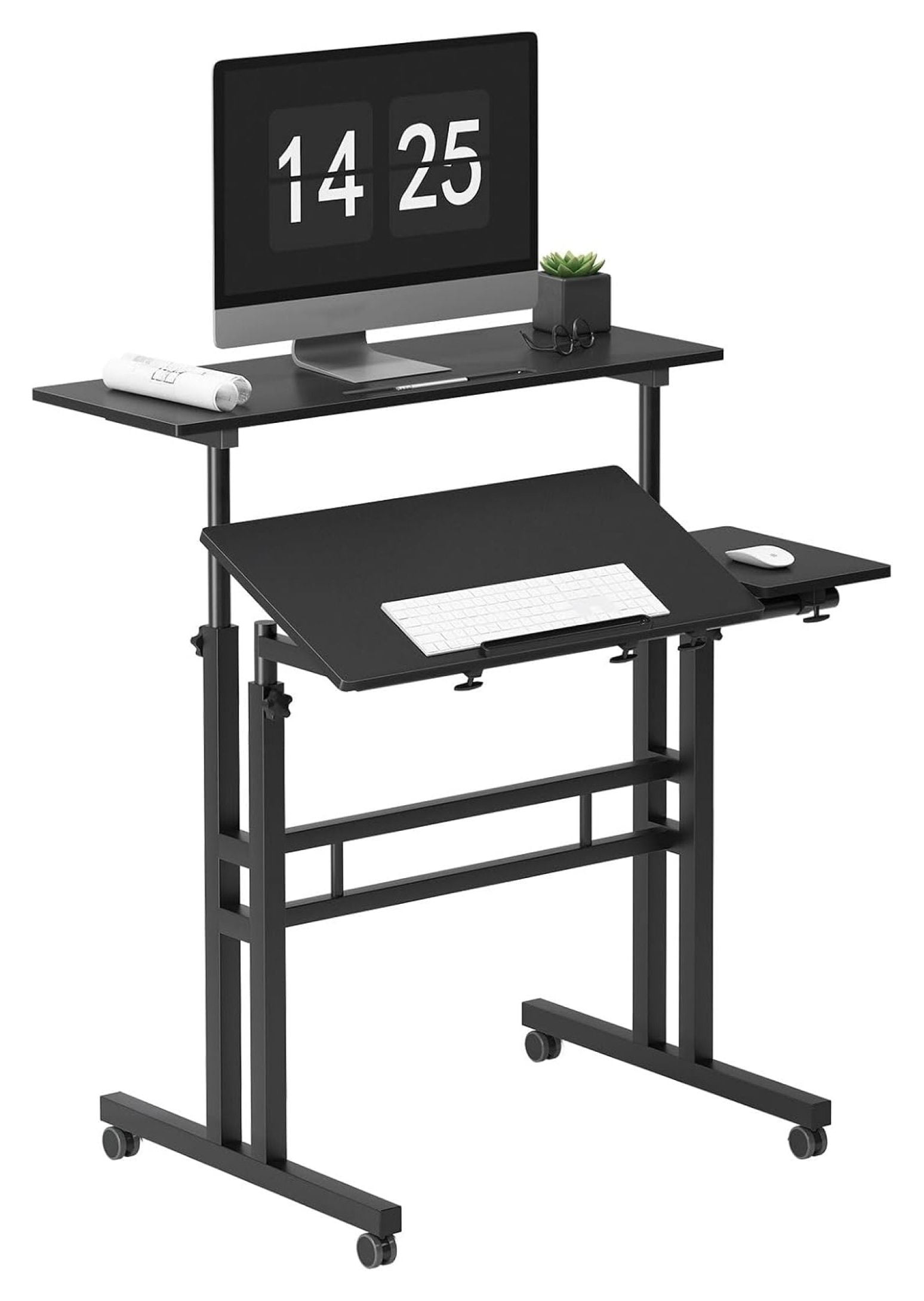 2 Platforms Mobile Laptop Desk Adjustable Side Table Computer Stand for ...