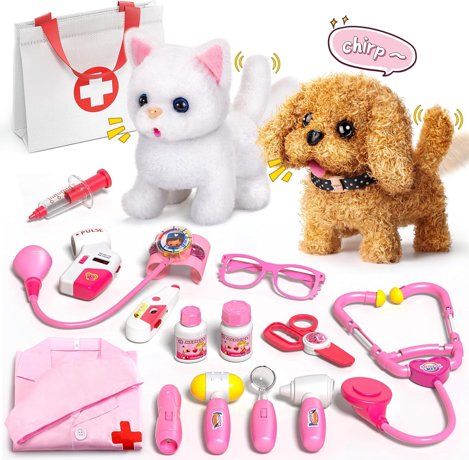 2 Plush Pets Cat & Dog, 36-Piece Vet Doctor Kit for Kids - Toddler ...