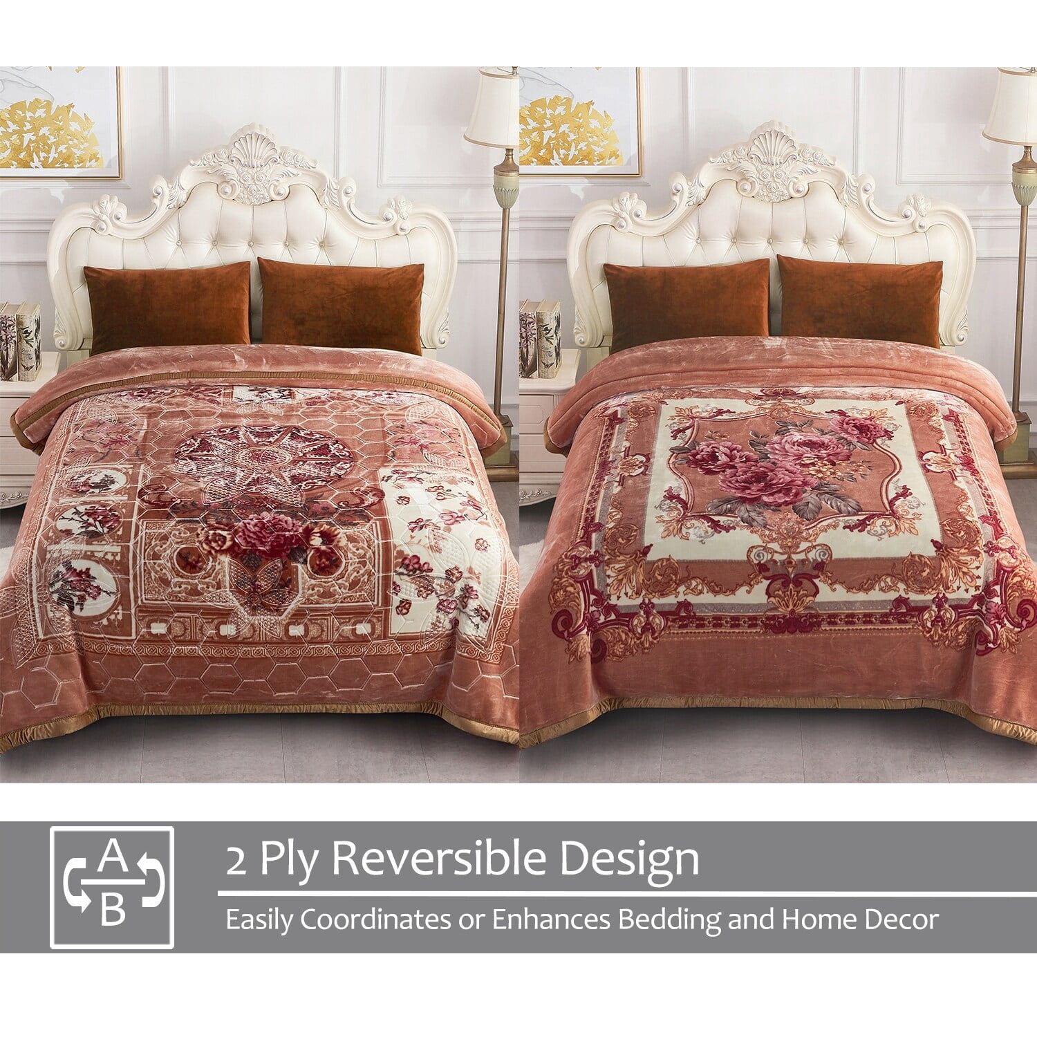 2 Ply A&B Printed Raschel Bed Blanket 85" x 93"-10 Pounds Camel Floral ...