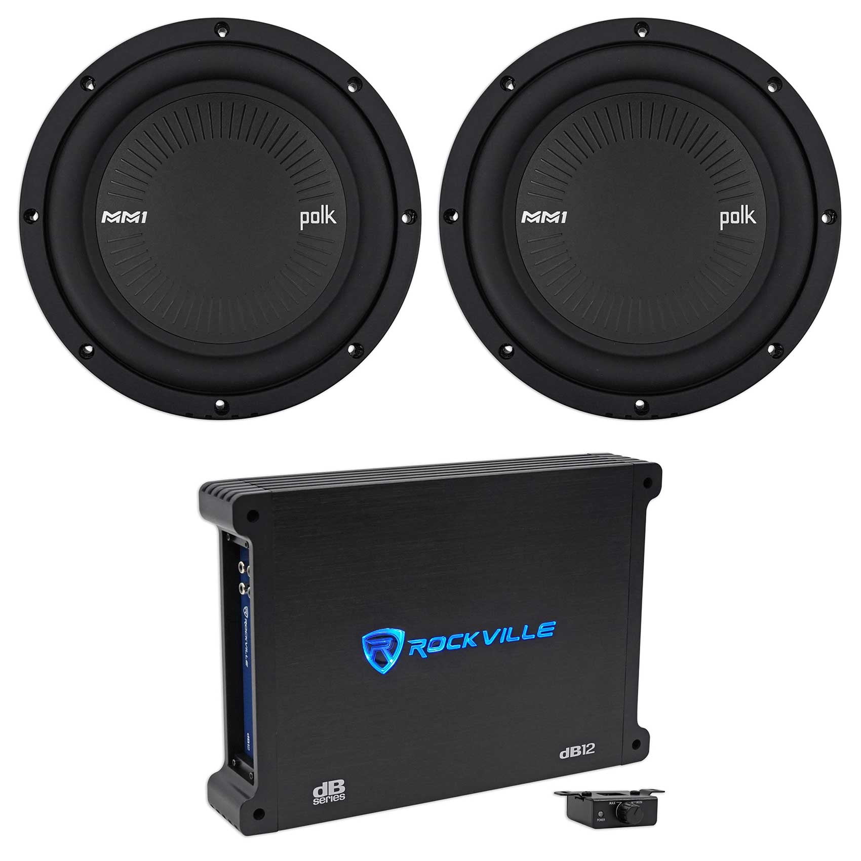 (2) Polk Audio MM842SVC 8” 1800 Watt Car Subwoofers Subs+Mono Amplifier ...