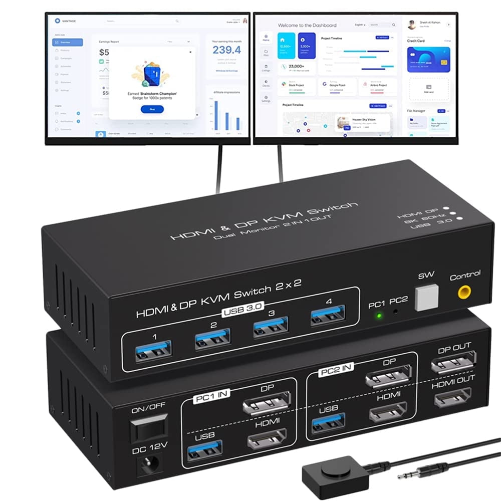 2 Port Dual Monitor DisplayPort HDMI KVM Switch 8K @60Hz, 4K @120Hz ...
