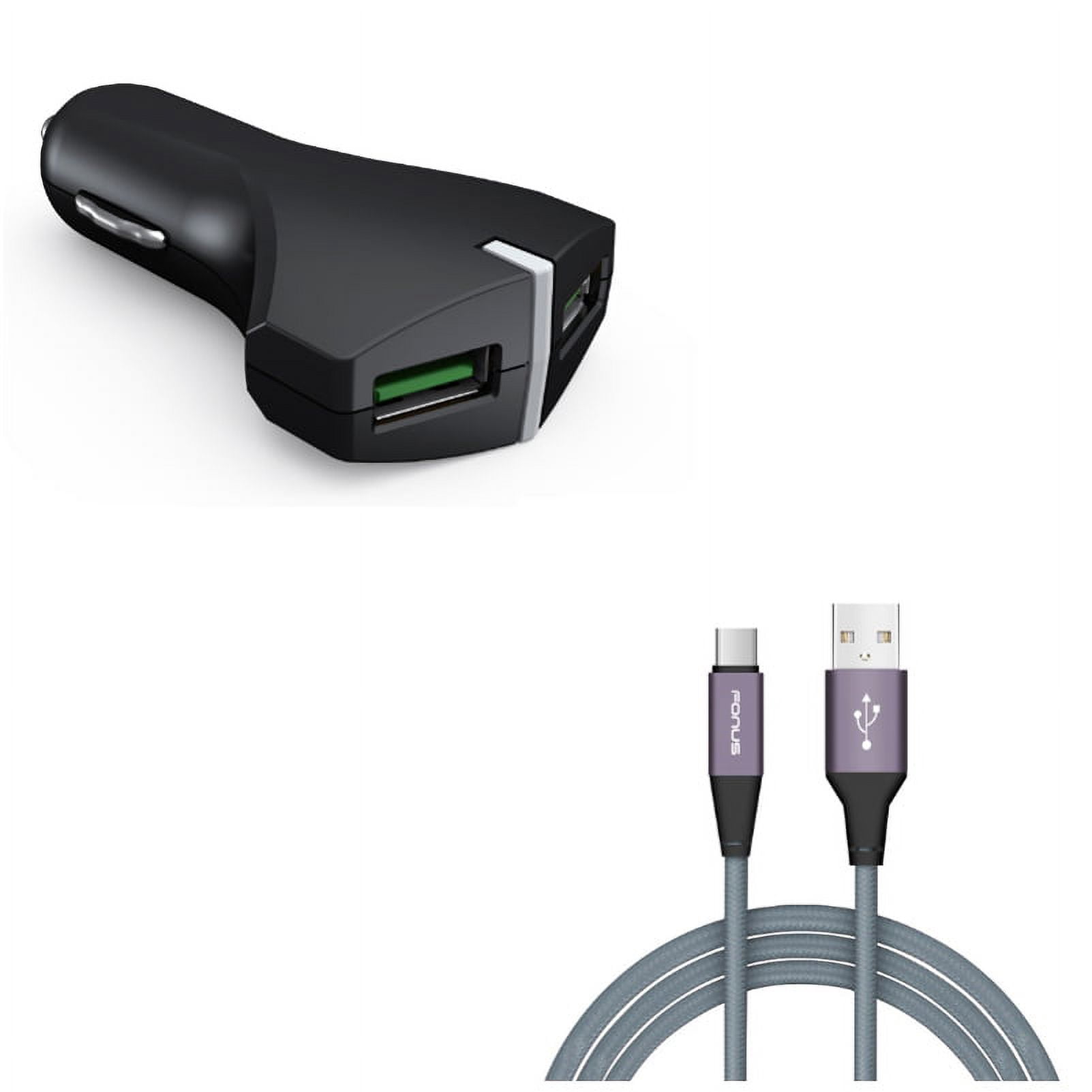 2-Port USB 36W Fast Car Charger w Charger Cord Type-C 10ft USB Cable ...