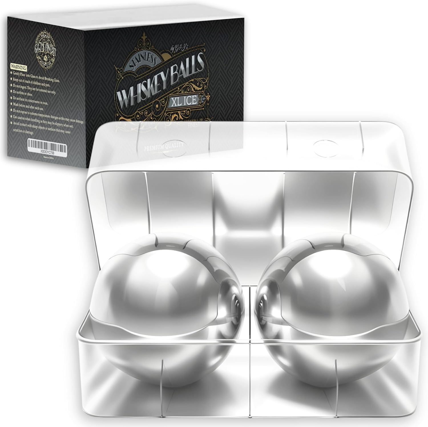 2 Premium XXL 55mm Stainless Steel Ice Whiskey Balls with Freezer Tray ...