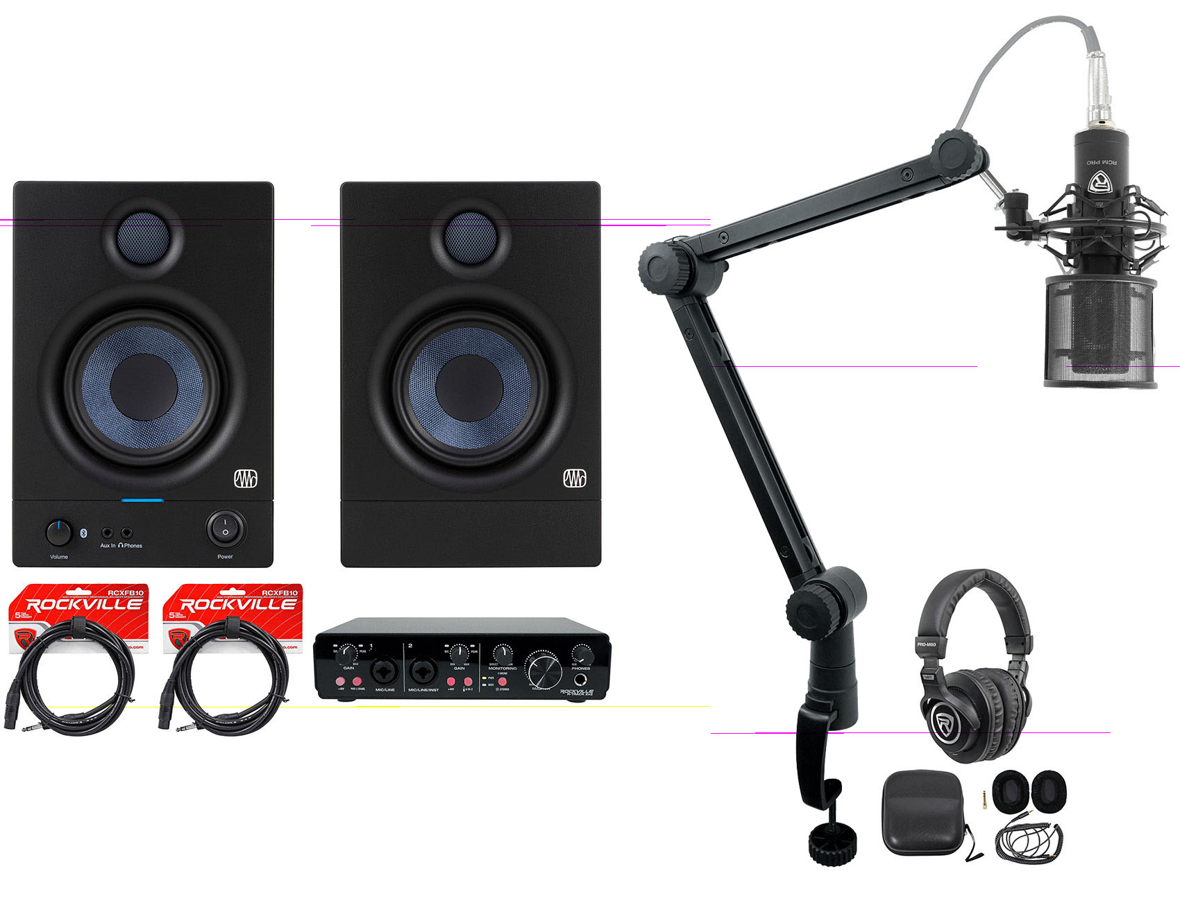 2) Presonus Eris 4.5BT 4.5" Studio Monitors+Interface+Mic+Headphones ...