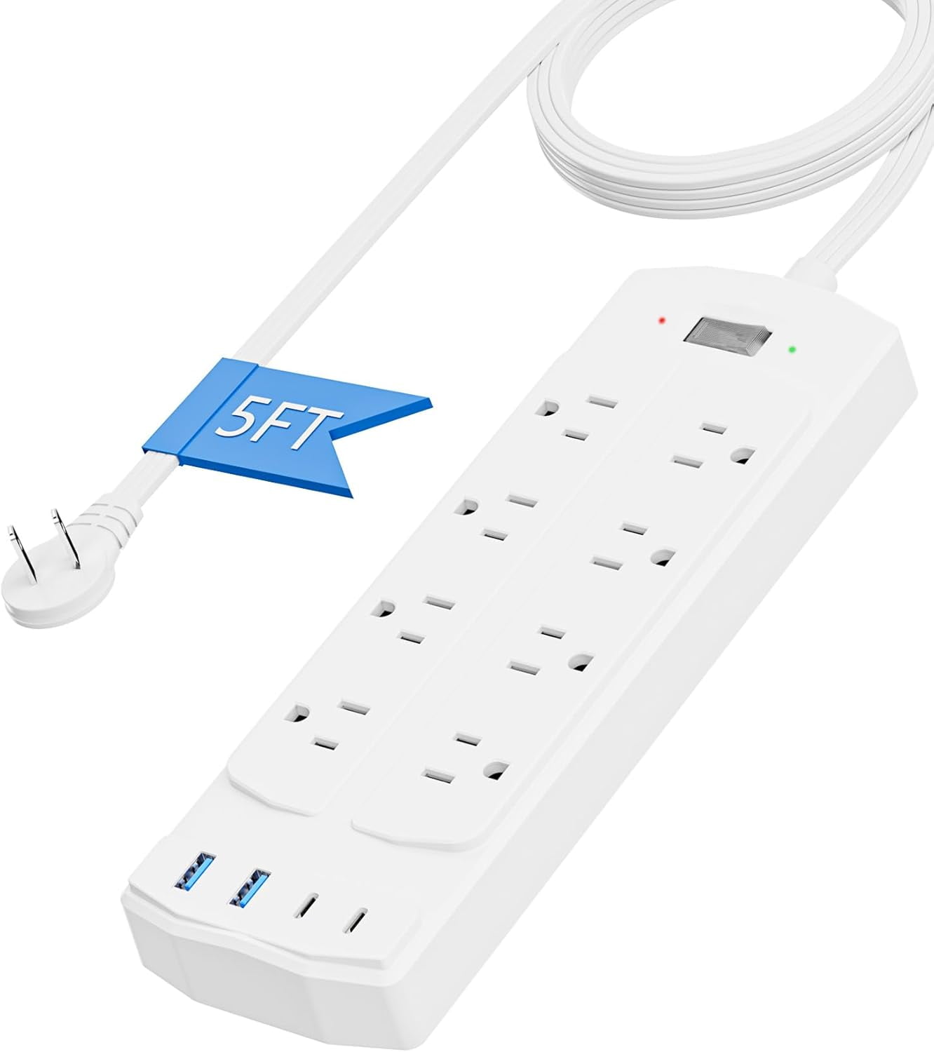 2 Prong Power Strip, 2 Prong To 3 Prong Outlet Adapter, 5 FT Flat Plug ...