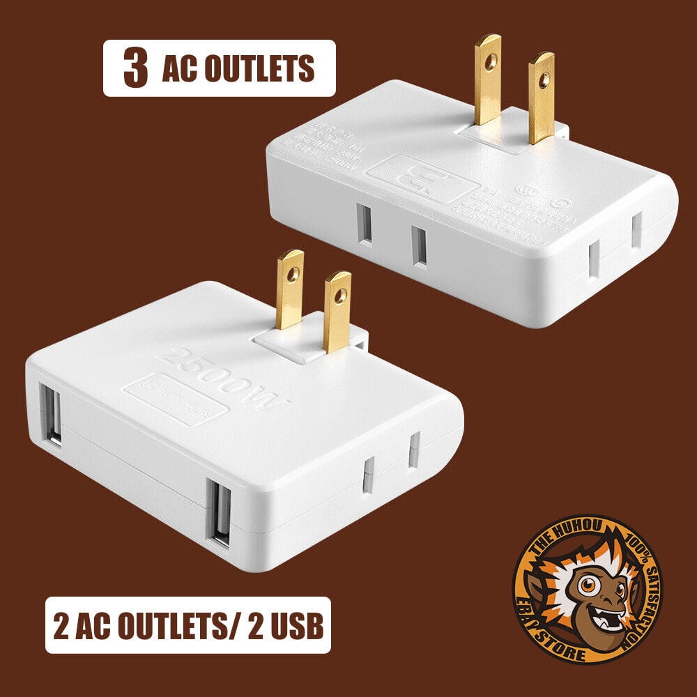 2 Prong Thin Wall Tap Power Flat Outlet Extender Plug Adapter Home ...