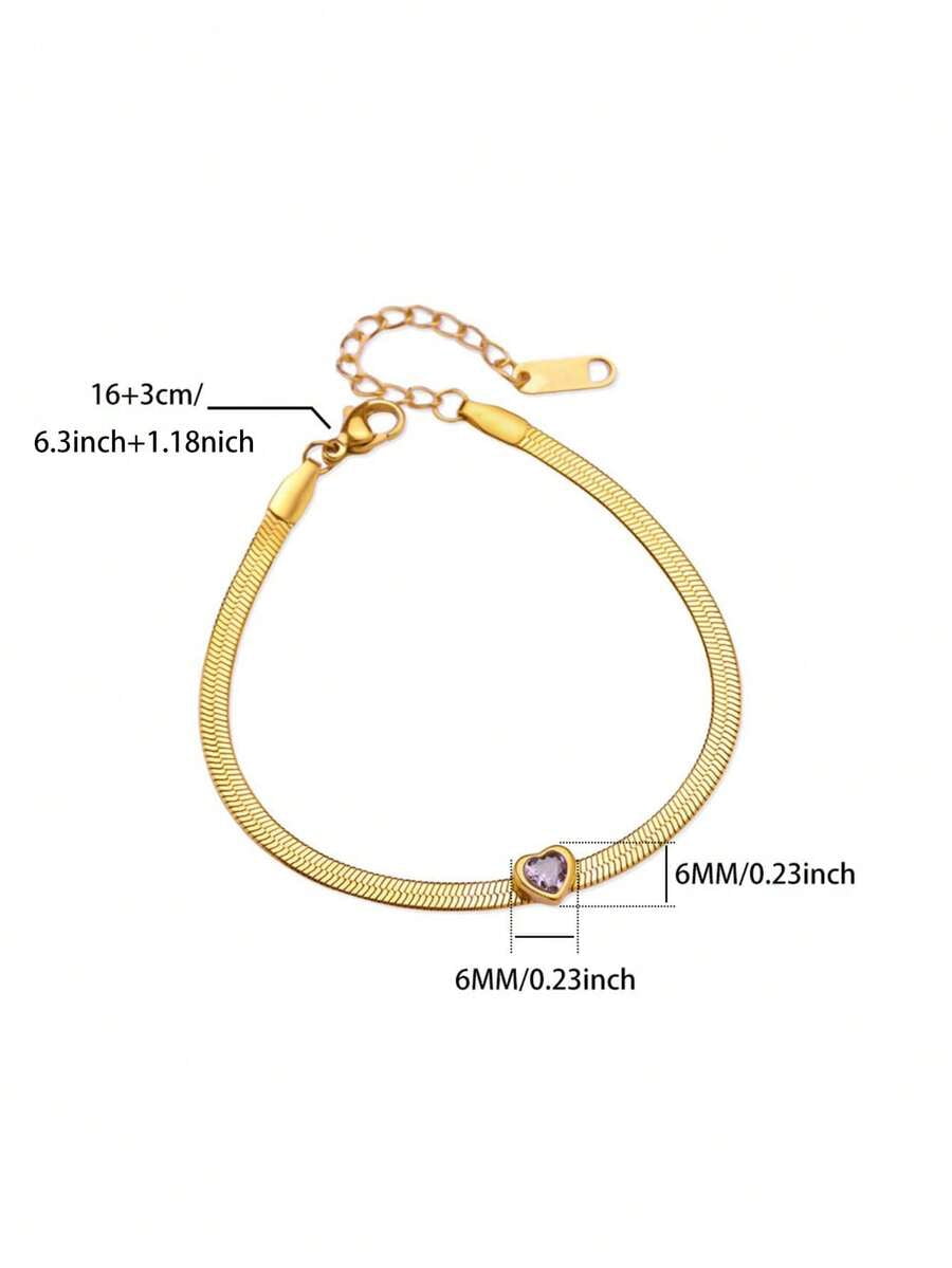 2-Purple Heart Charm Stainless Steel Bracelet, 16+3cm Goldtone ...