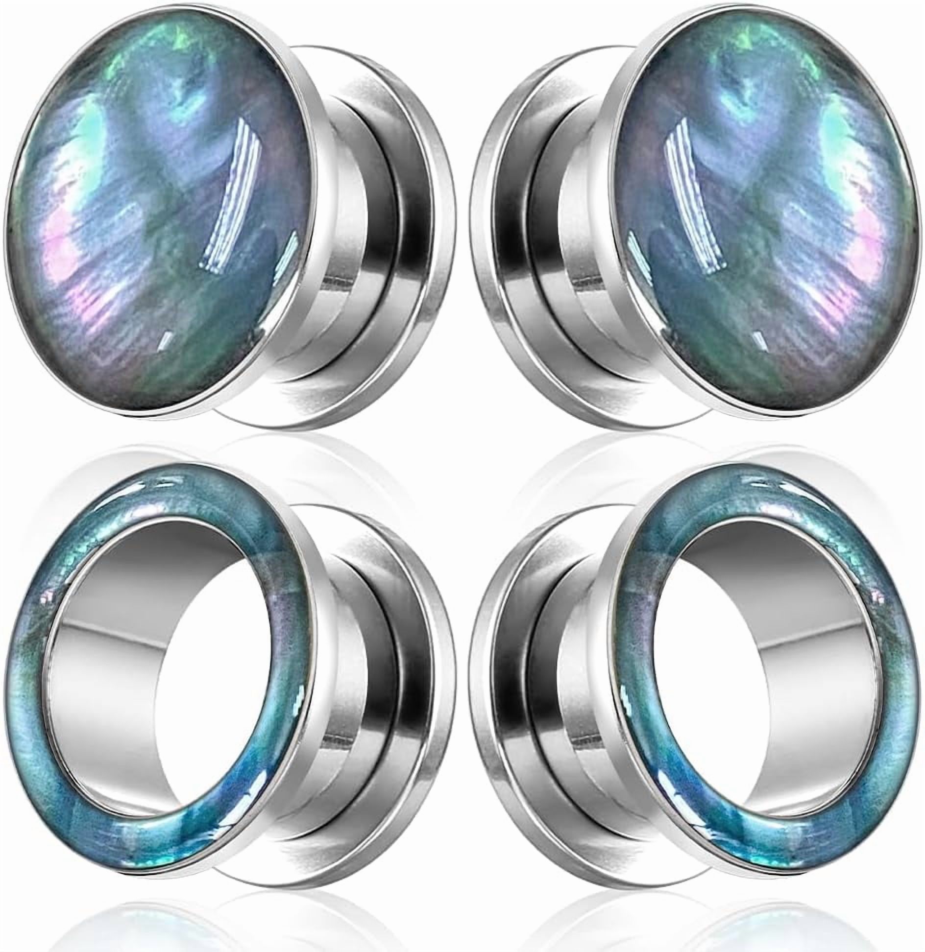 2 Quality Pairs Black Pearls Shell Stainless Steel Ear Gauges Plugs and ...