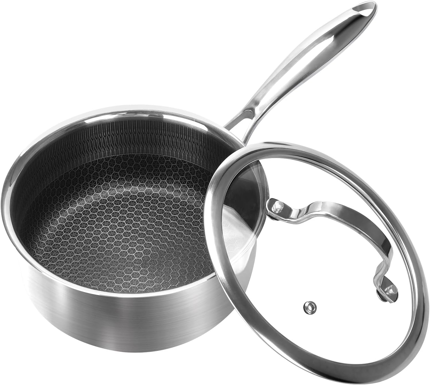 2 Quart Nonstick Saucepan with Glass Cover, Stainless Steel Induction ...