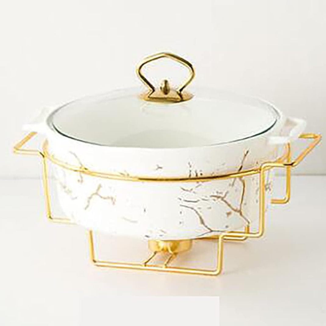 2 Quart Round Chafing Dish Buffet Set, Ceramic Marble Finish Chafer ...