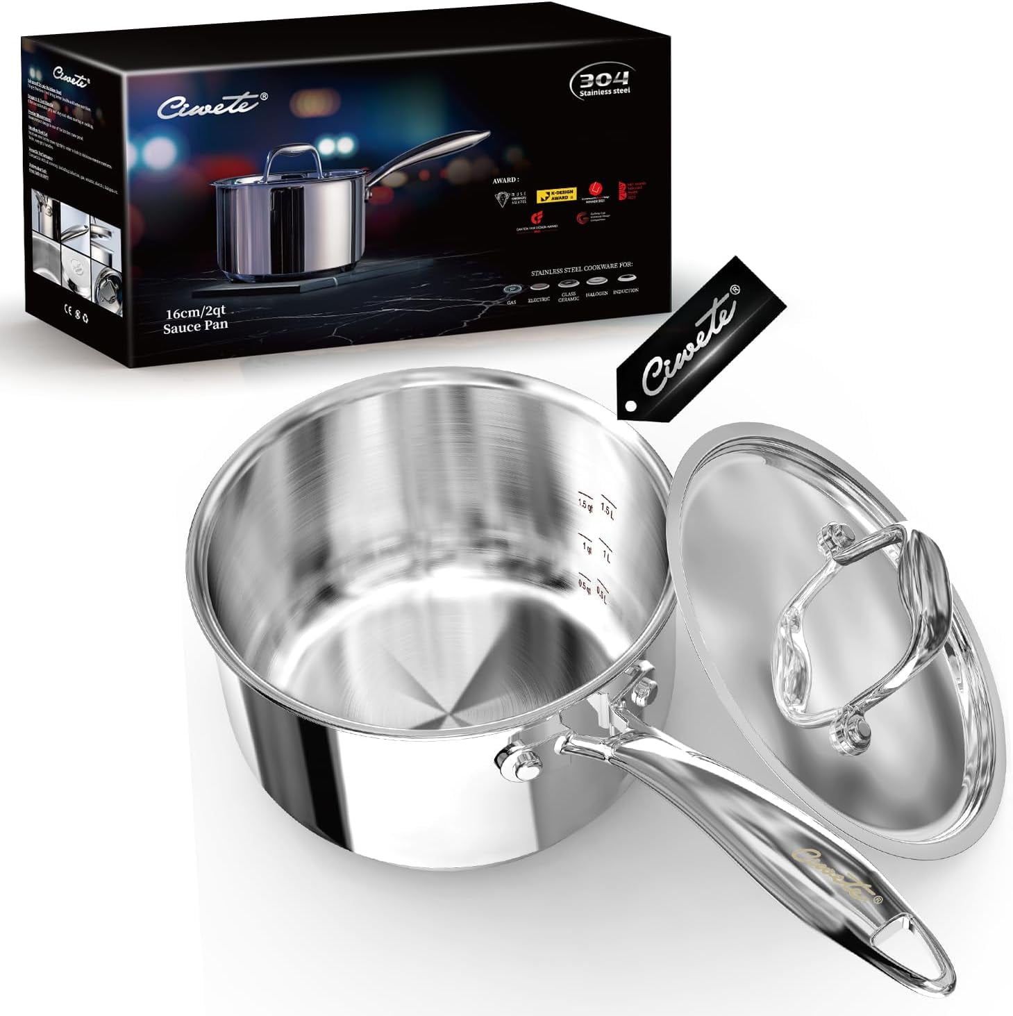 2 Quart Sauce Pan with Lid, Tri Ply Stainless Steel Saucepan 2 Qt with ...