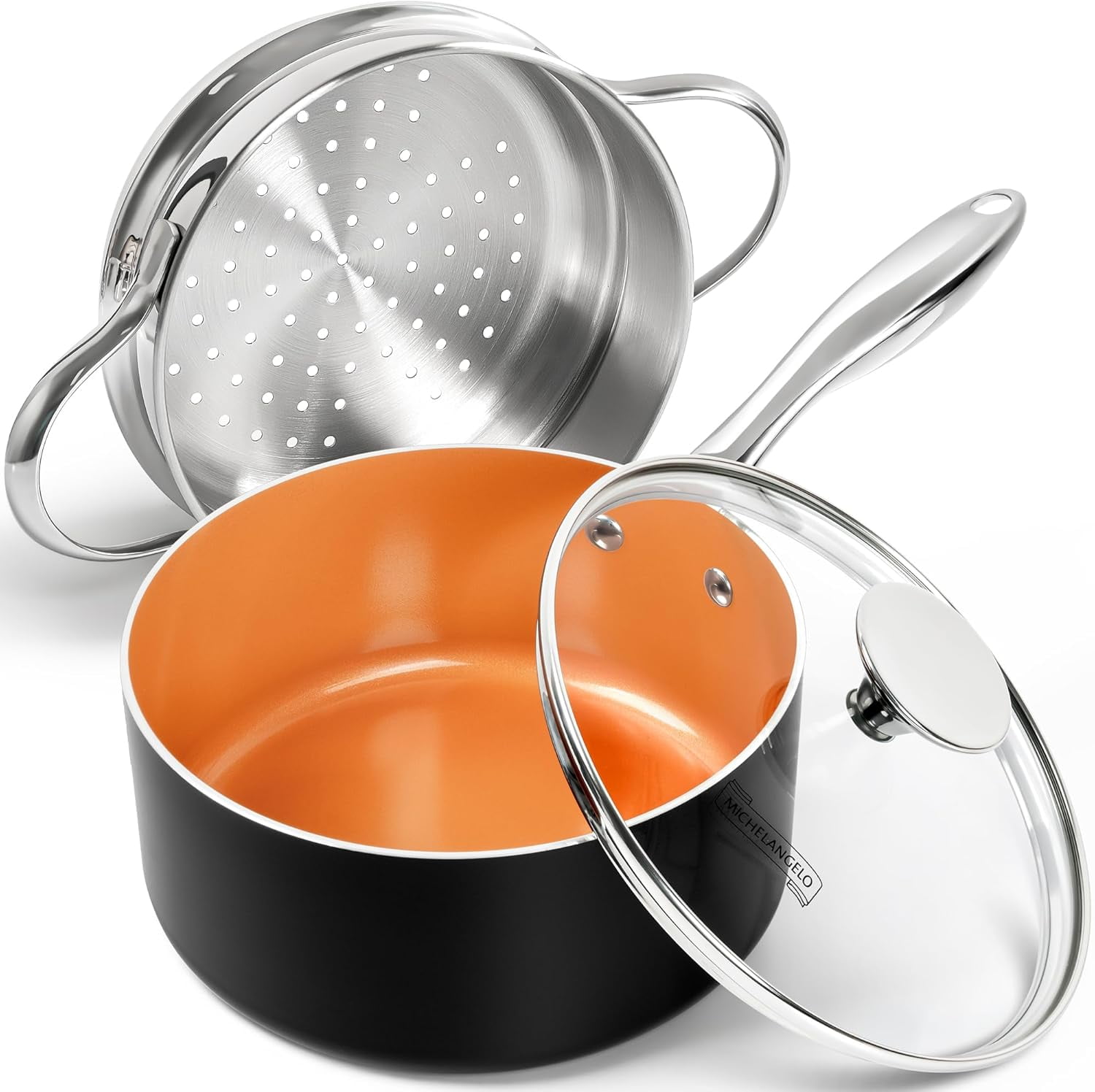 2 Quart Saucepan with Steamer & Glass Lid - Nonstick Sauce Pan with Lid ...