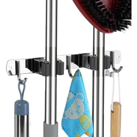 2 Racks and 3 Hooks Mop and Broom Holder Wall Mount, Self Adhesive ...