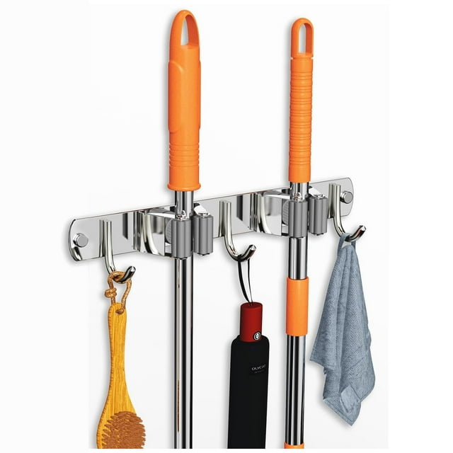 2 Racks and 3 Hooks Mop and Broom Holder Wall Mount, Stainless Steel Broom Hanger Wall Mount for ...