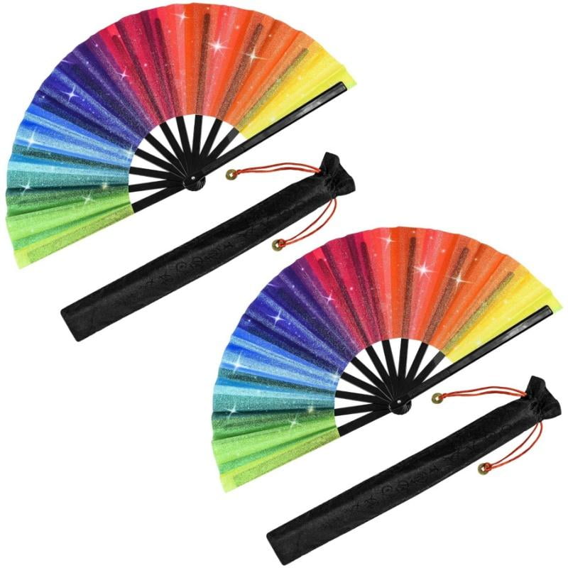 2 Rainbow Glitter Folding Fans with Pouches - Sparkly Handheld Plastic ...