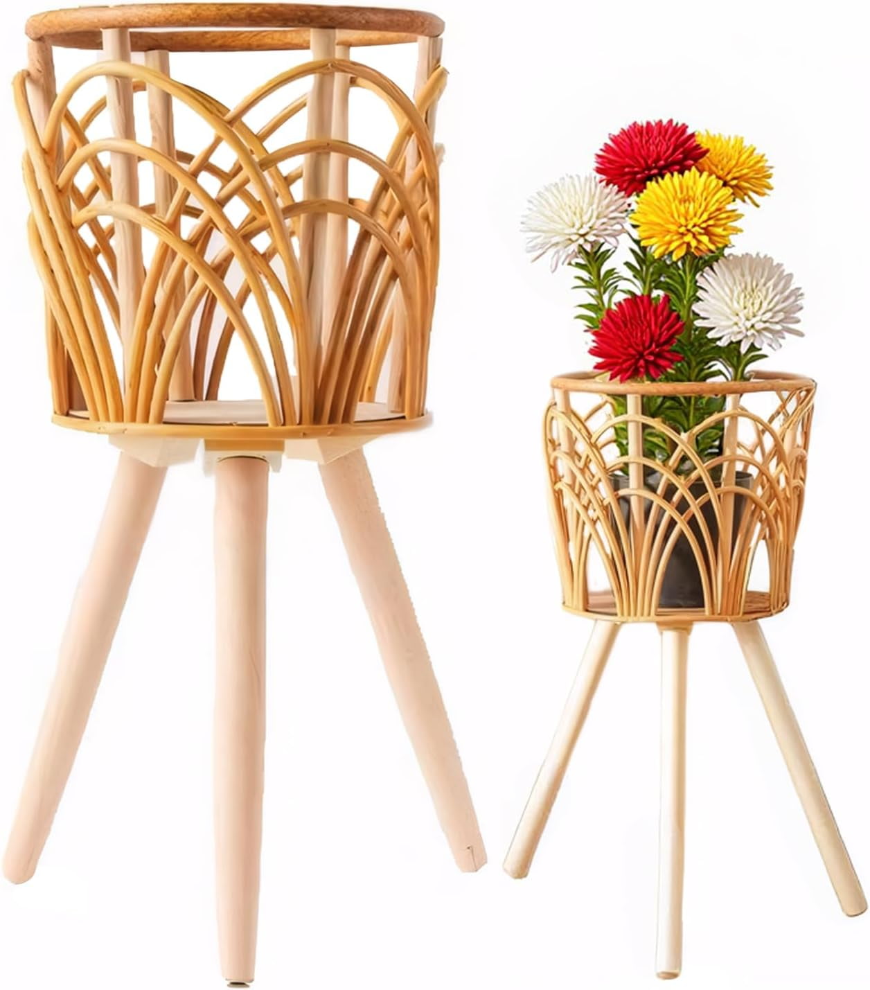 2 Rattan Plant Stand Indoor Planter: Handmade Boho Wricker Plant Stand - Large Floor Planter ...