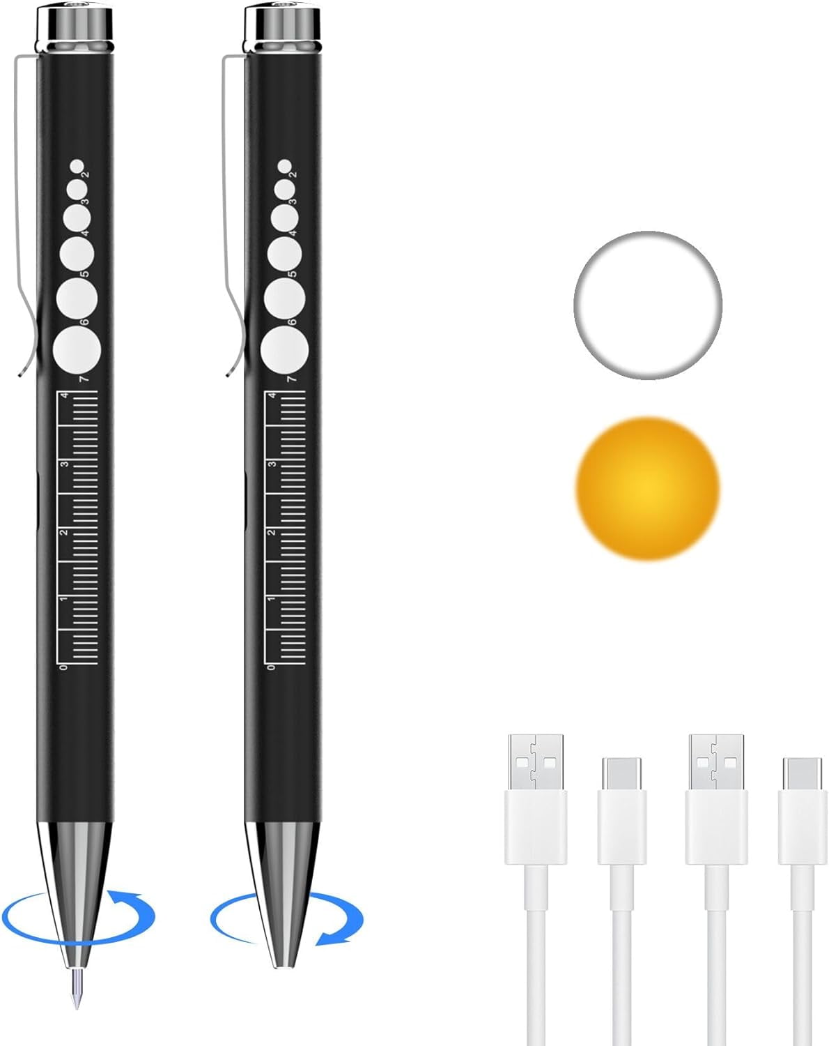 2 Rechargeable Ballpoint Penlights with Pupil Gauge & Ruler, LED Pen ...