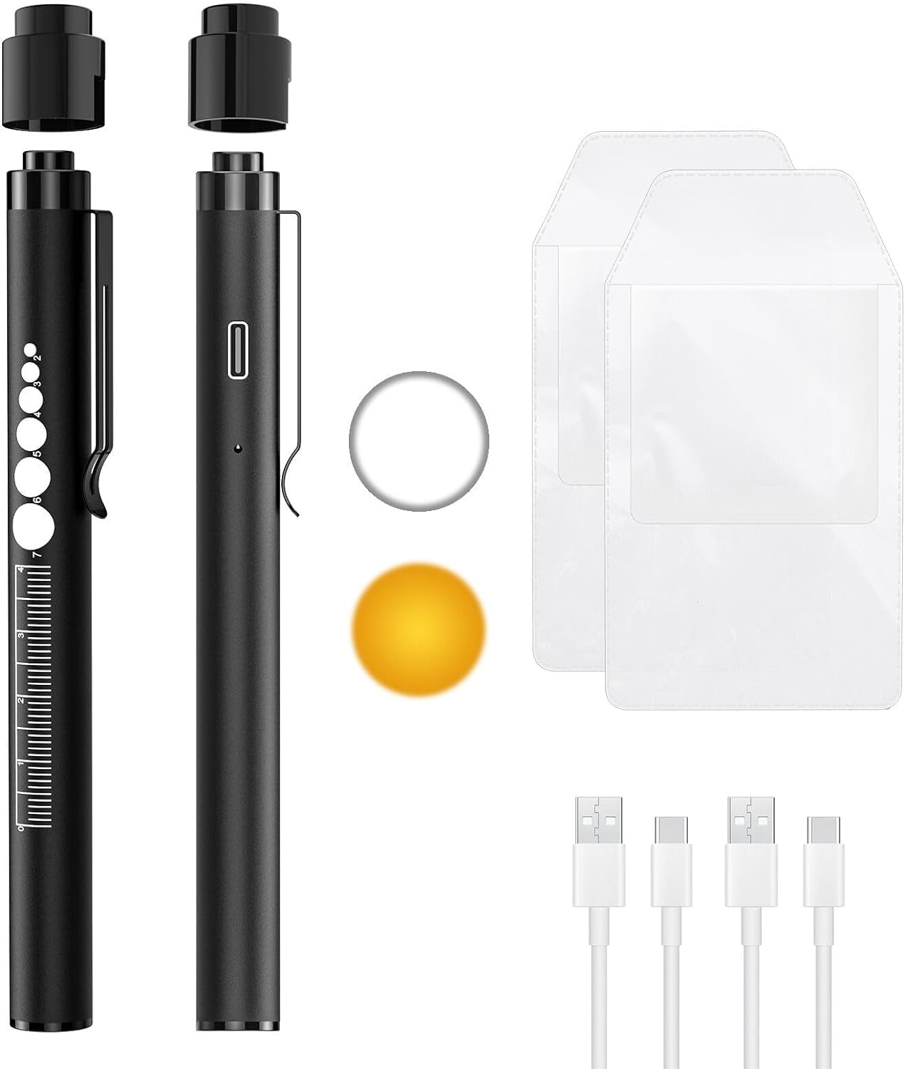 2 Rechargeable Pen Lights with Pupil Gauge, Ruler & 2 Pocket Protectors ...