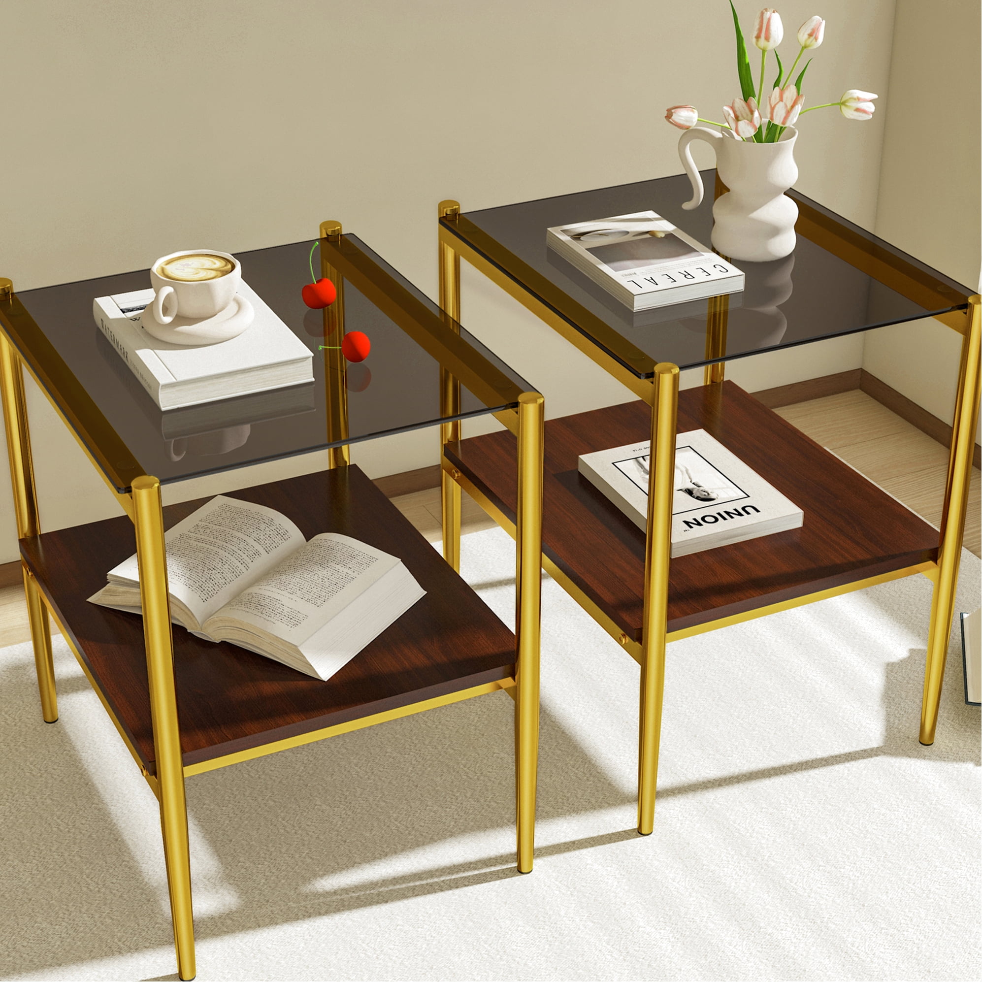 2 Rectangle End Tables, Gray Tempered Glass & Layer, Modern Interior ...